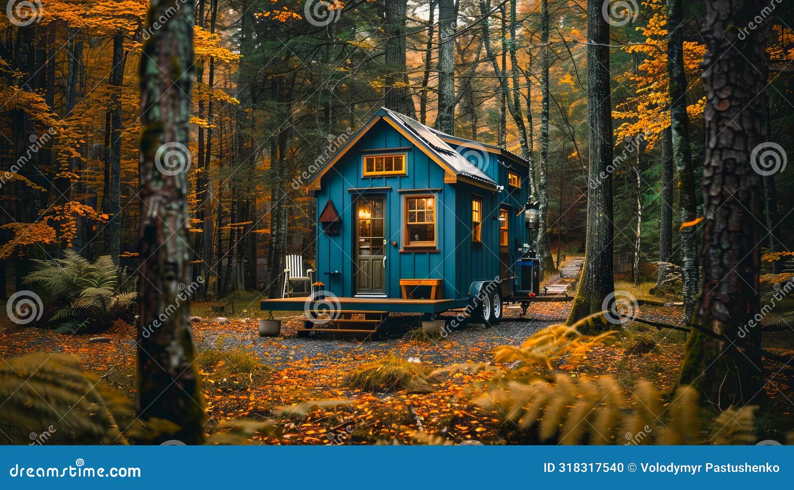 A Tiny House in the Woods with Fall Leaves Stock Photo - Image of ...