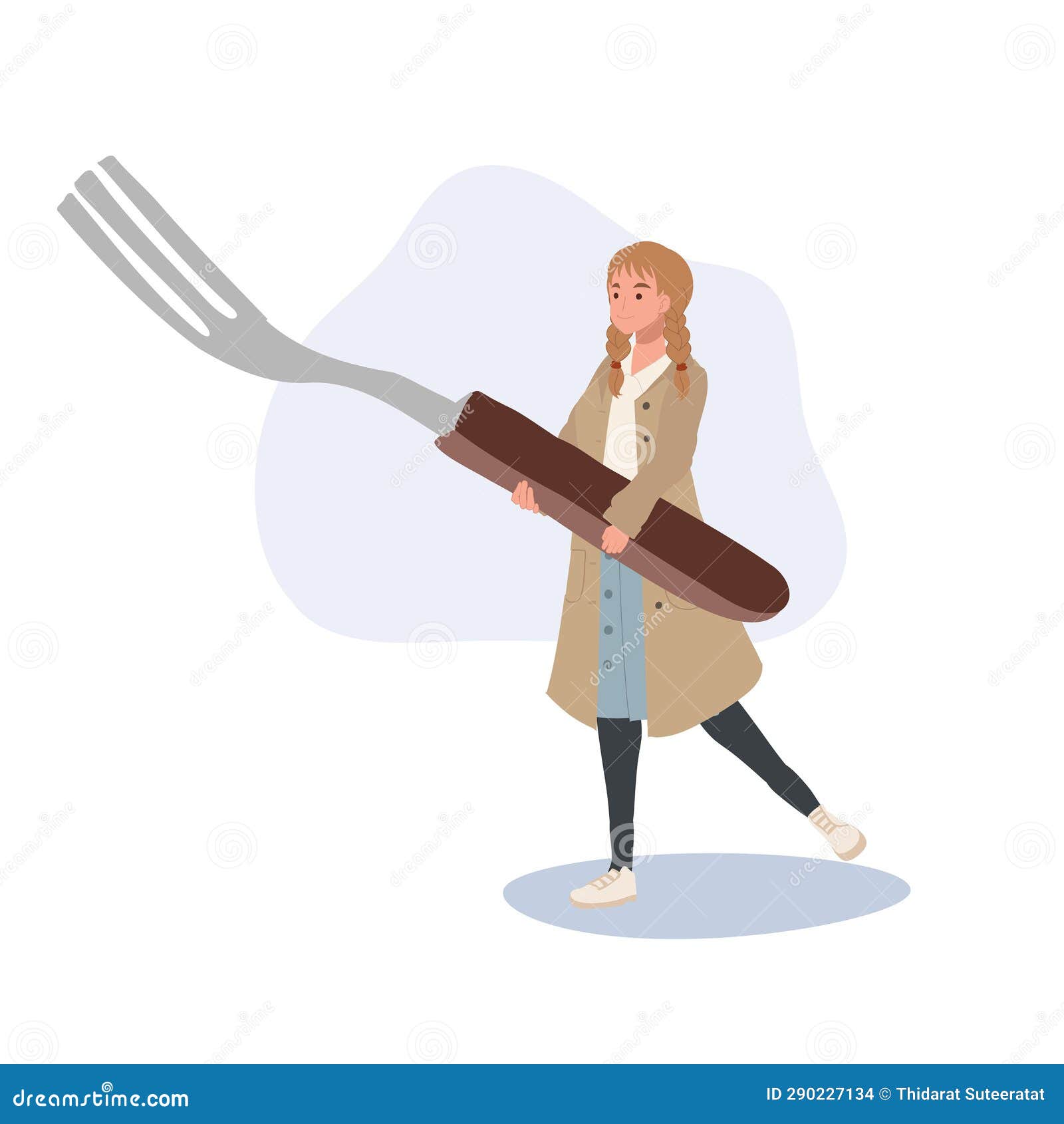 Tiny Human Holding a Fork. Tiny Woman with Giant Kitchen Utensils Stock ...