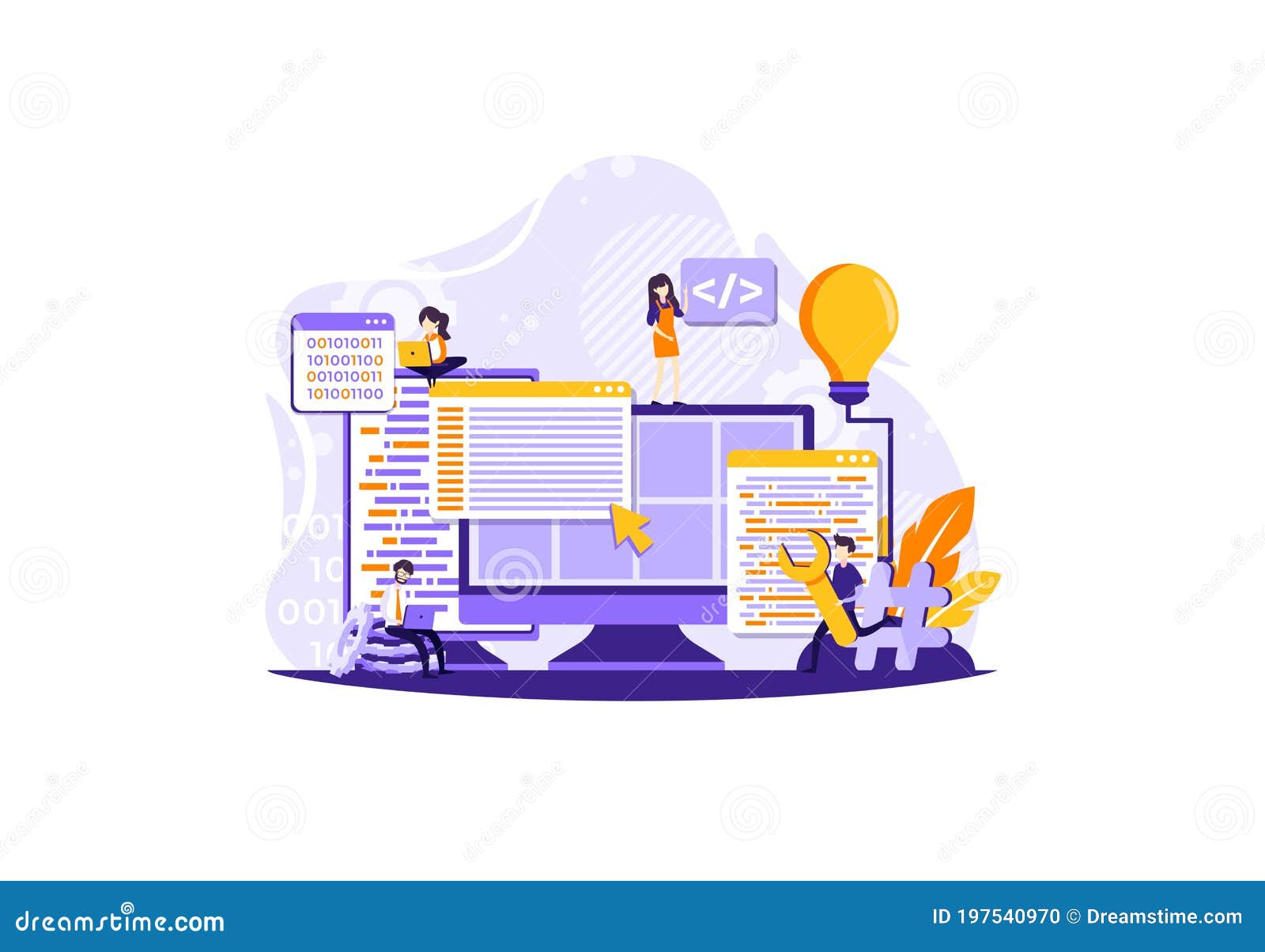 Tiny Illustration Young Programmer Coding New Project Sitting on Computer with Command Line Web ...