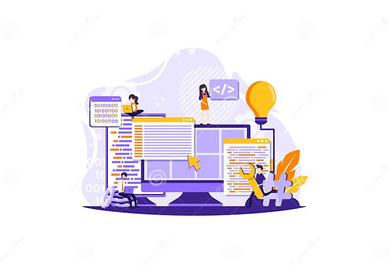 Tiny Illustration Young Programmer Coding New Project Sitting on Computer with Command Line Web ...