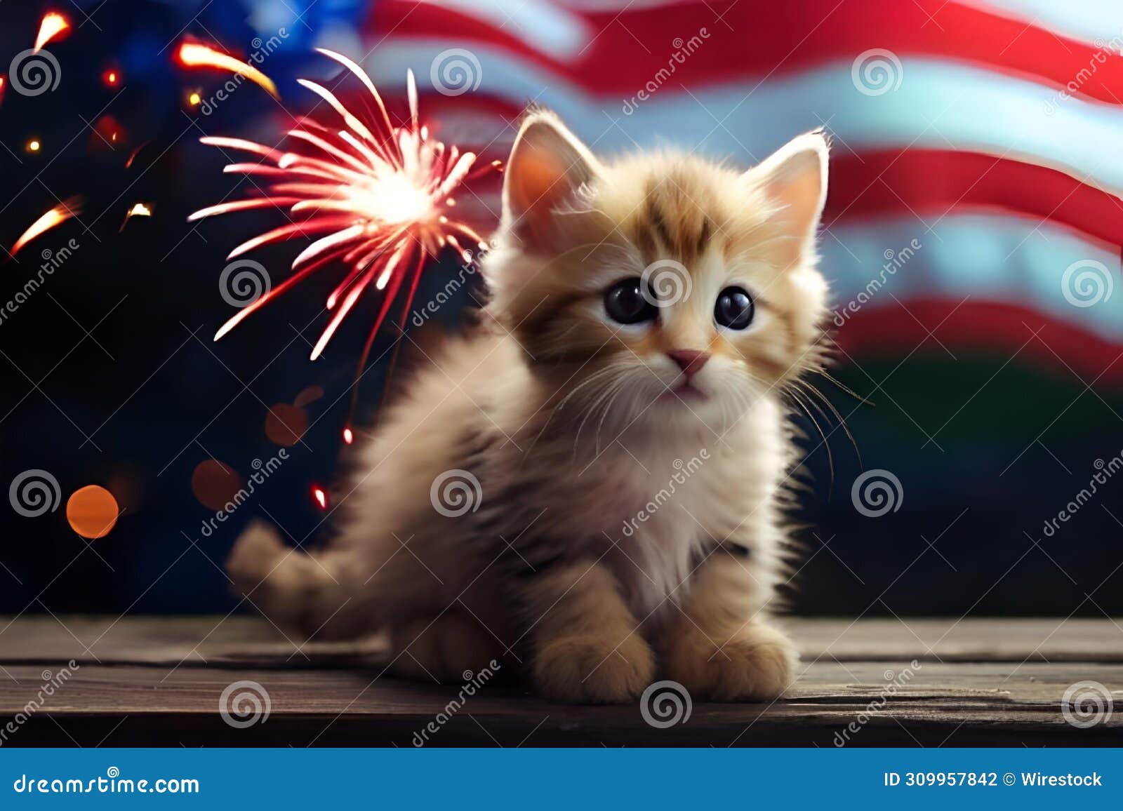 A Tiny Kitten Perched on a Wooden Table with Fireworks in the ...