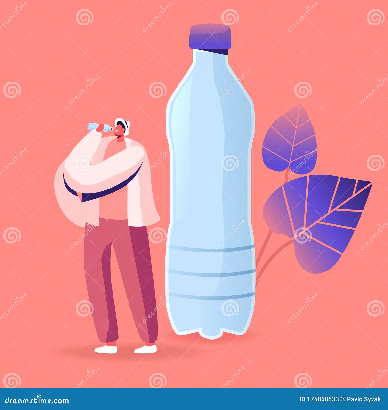 Tiny Male Character Drinking Bottle Water with Microplastic Pieces ...