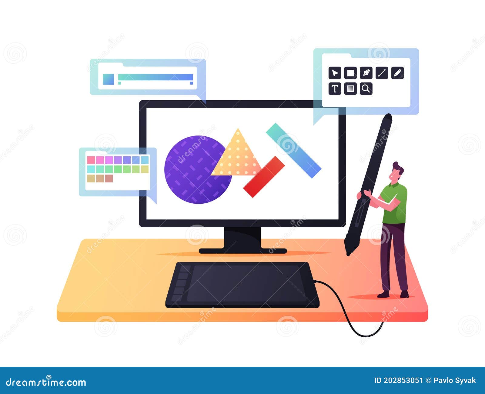 Tiny Male Character Graphic Designer at Huge Tablet Pc with Pen Create ...
