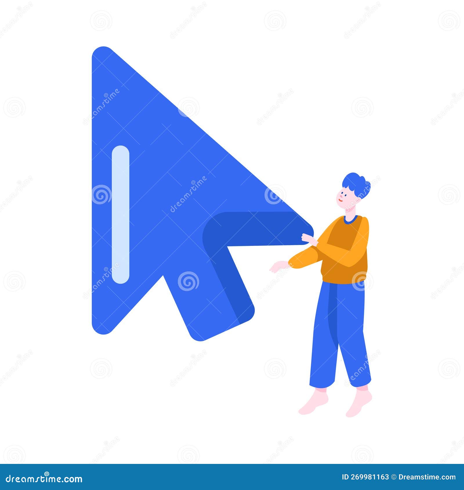 Tiny Man Character at Huge Blue Computer Web Cursor Vector Illustration ...