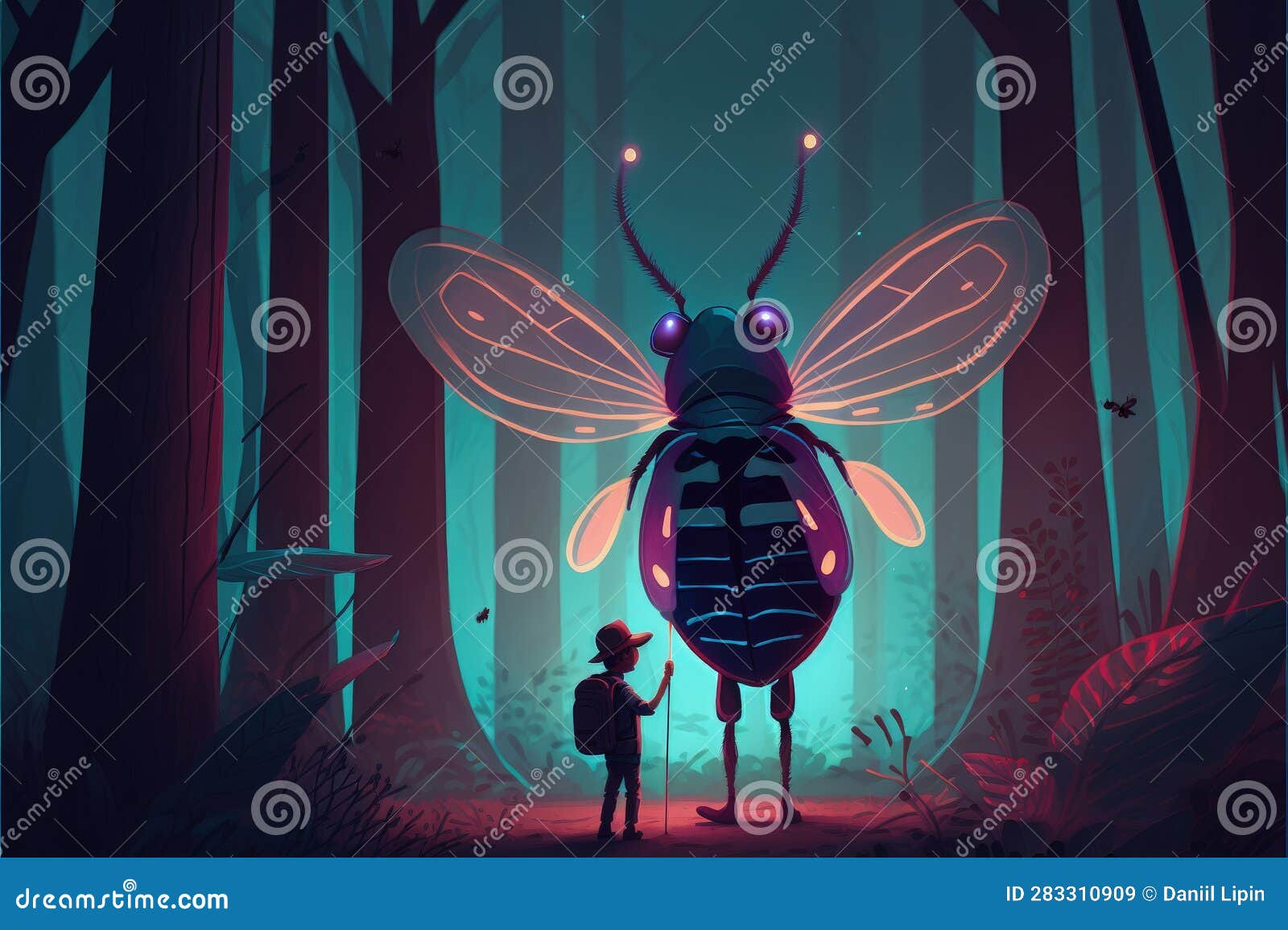 Tiny Man Directing a Large Firefly in the Forest at Night Stock ...