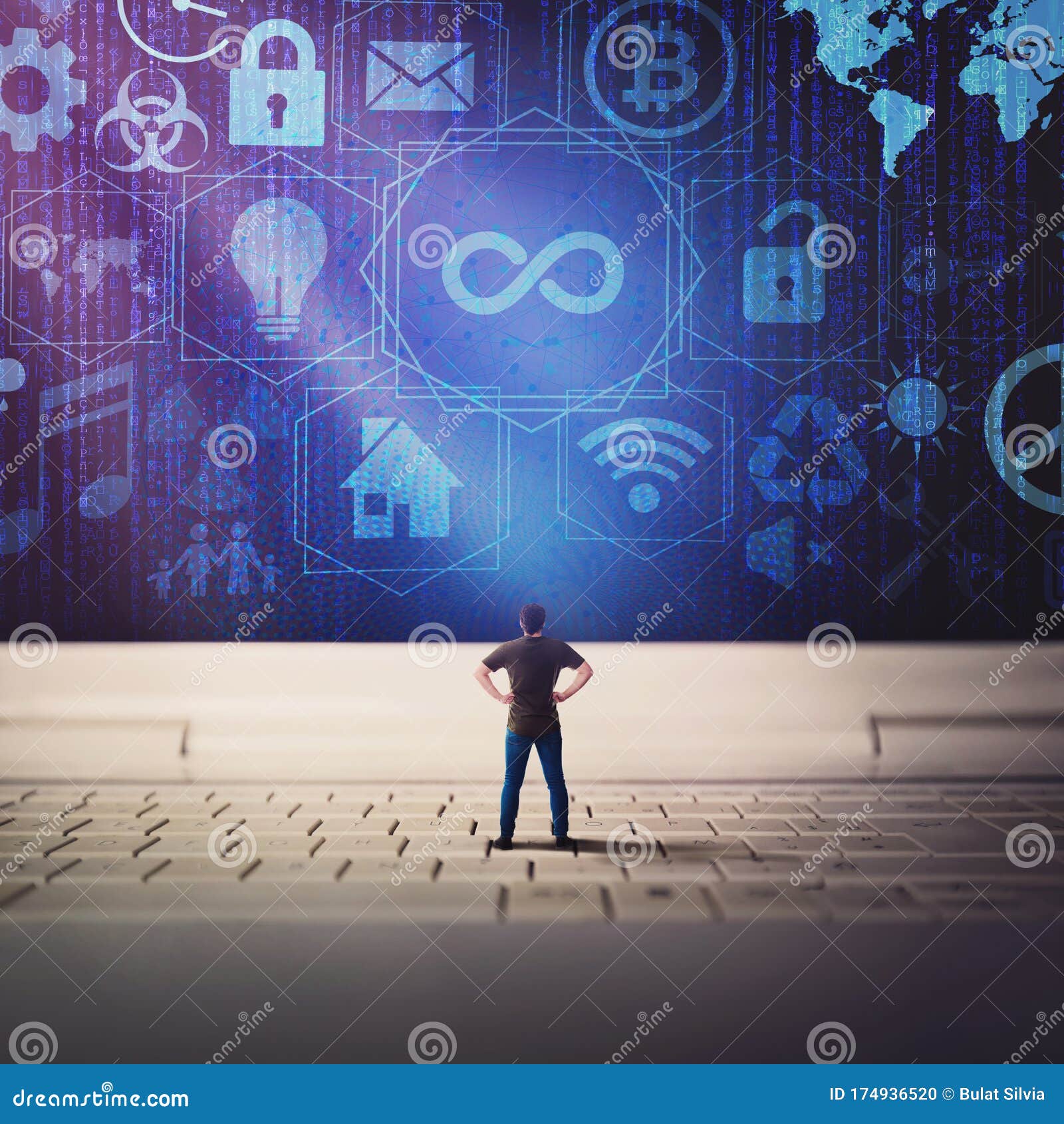 Tiny Man Programmer Stands on the Laptop Keyboard Looking at the ...