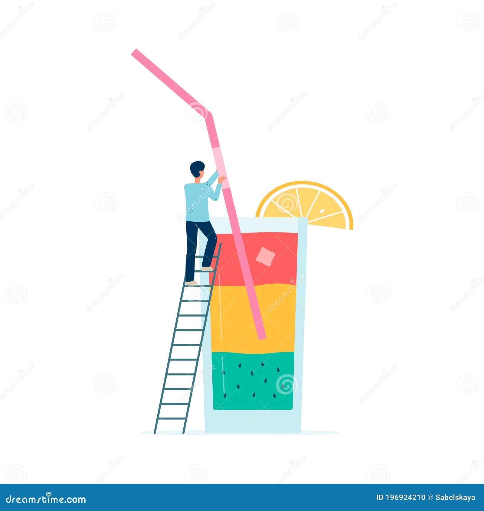 Tiny Man Putting Straw into Summer Cocktail Flat Vector Illustration ...