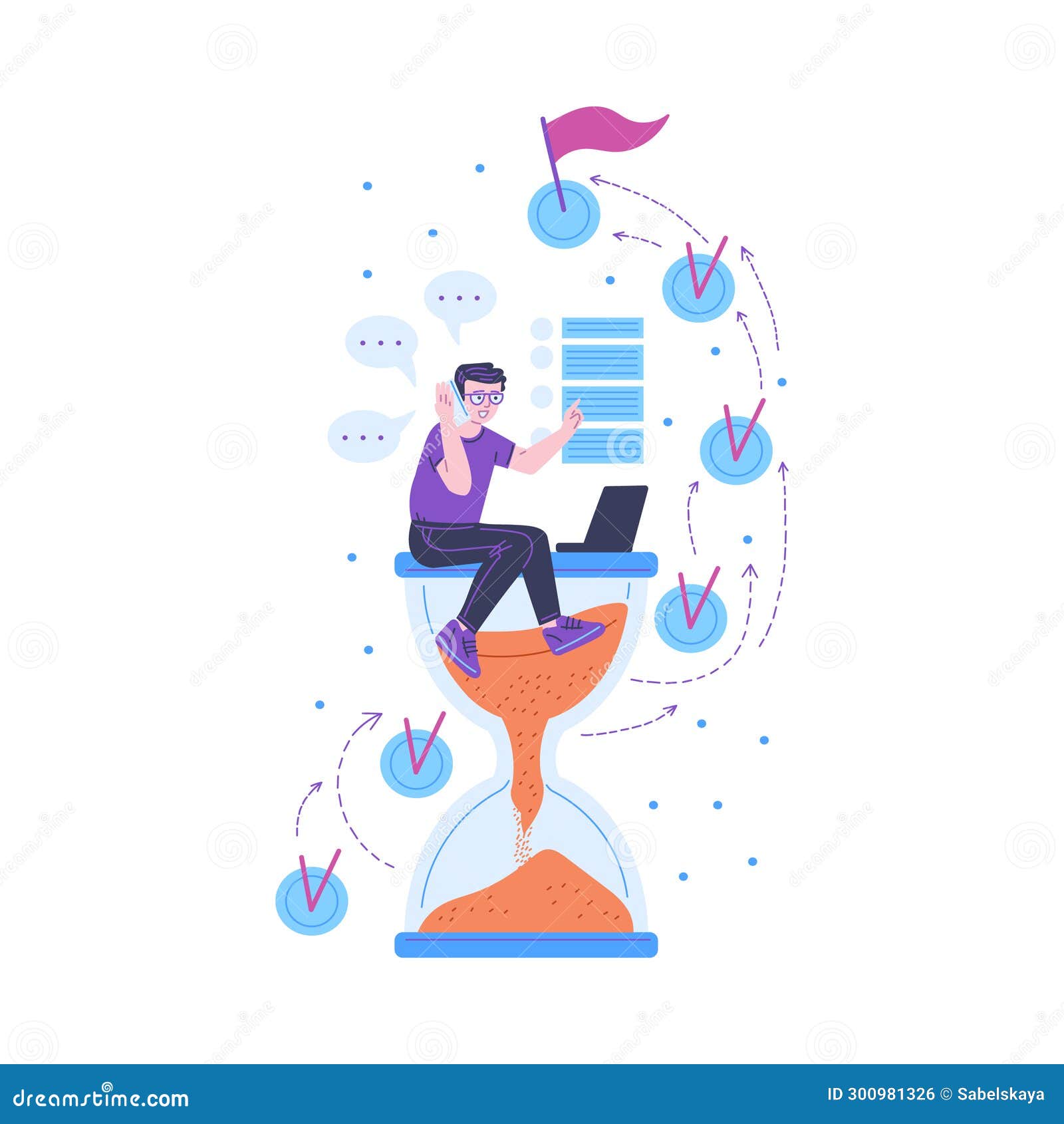 Tiny Man Sitting on Hourglass, Talking on the Phone, Working on Laptop ...