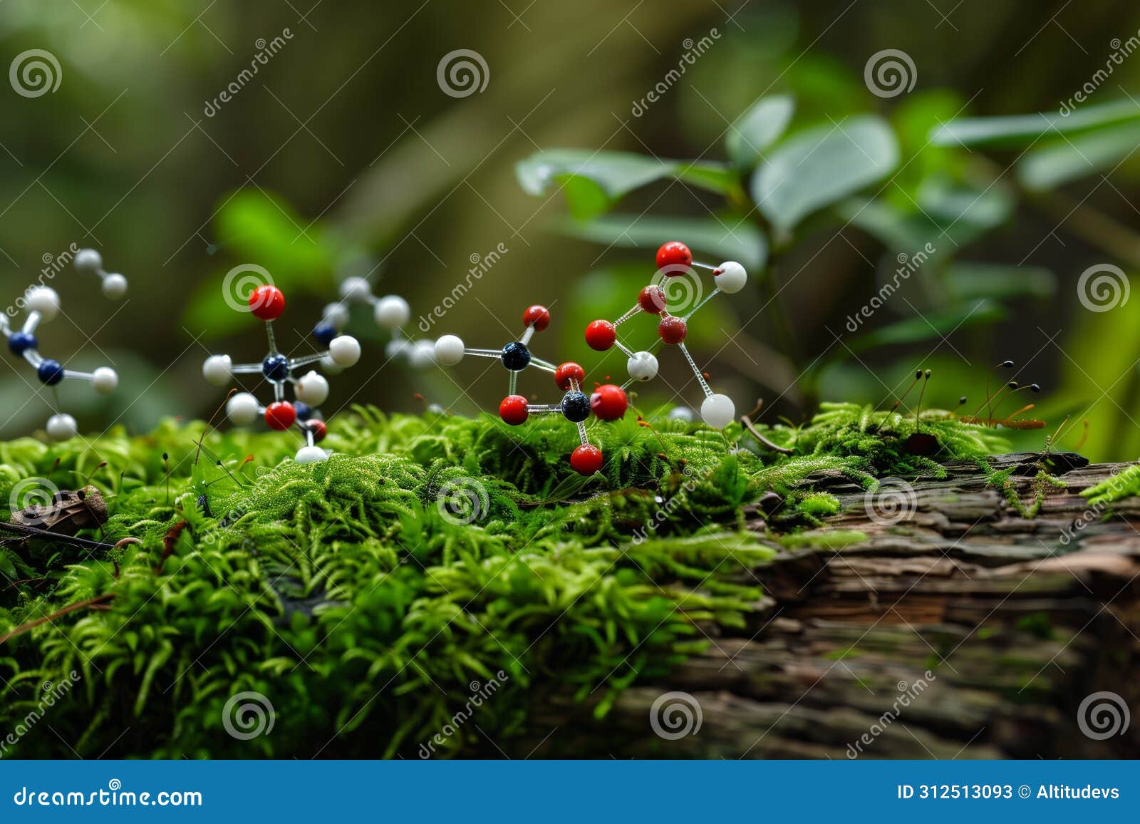 Tiny Molecule Models on a Mosscovered Log, Forest Setting Stock Image ...