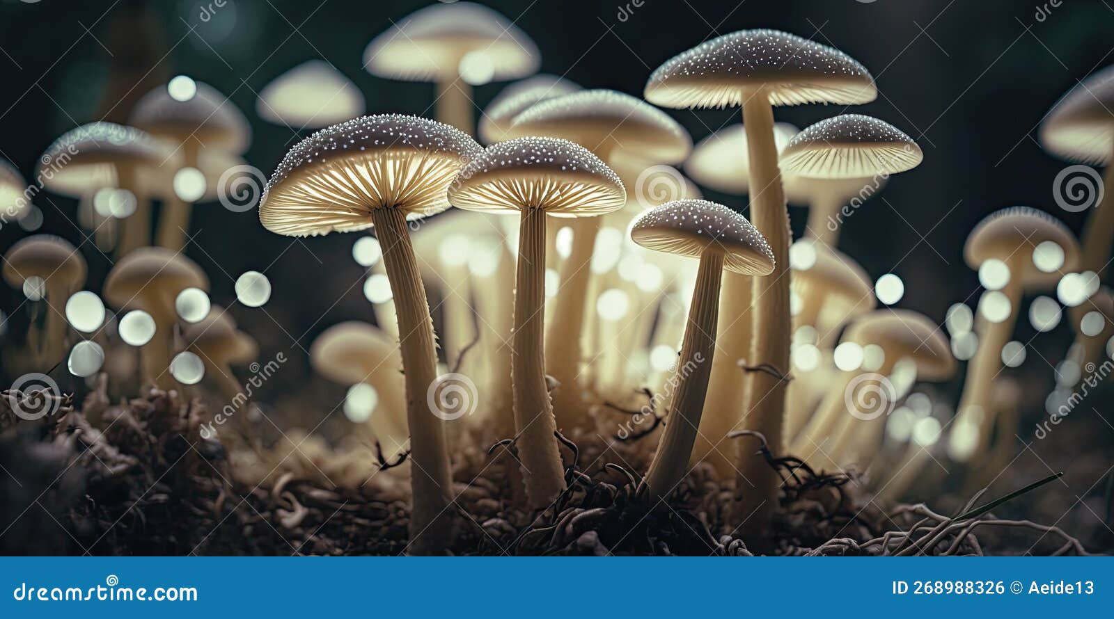 Tiny Mushroom Patch in a Forest. Glowing Growing Fungi. Science ...