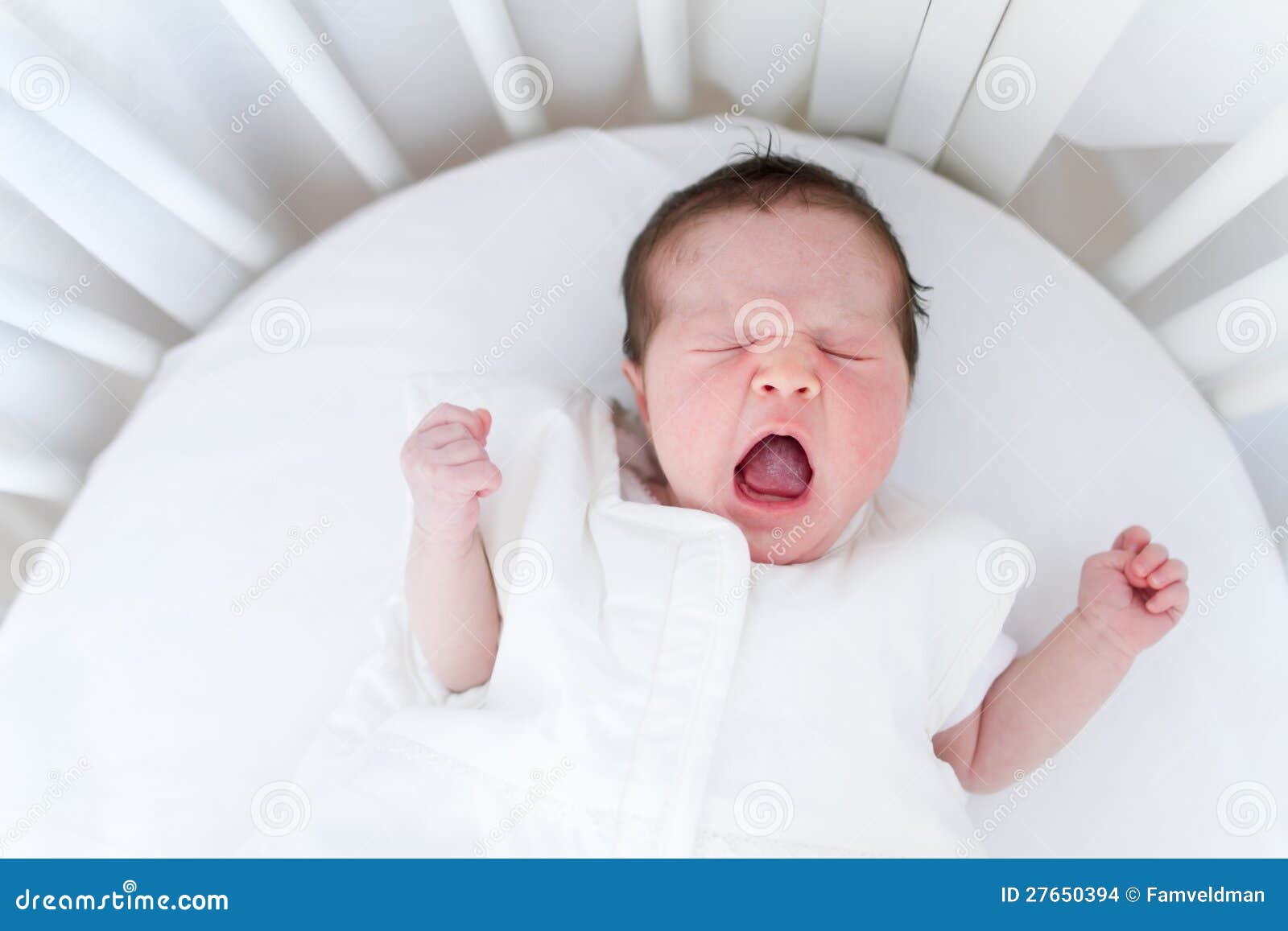 Tiny New Born Baby Screaming Loud in a White Round Crib Stock Photo ...