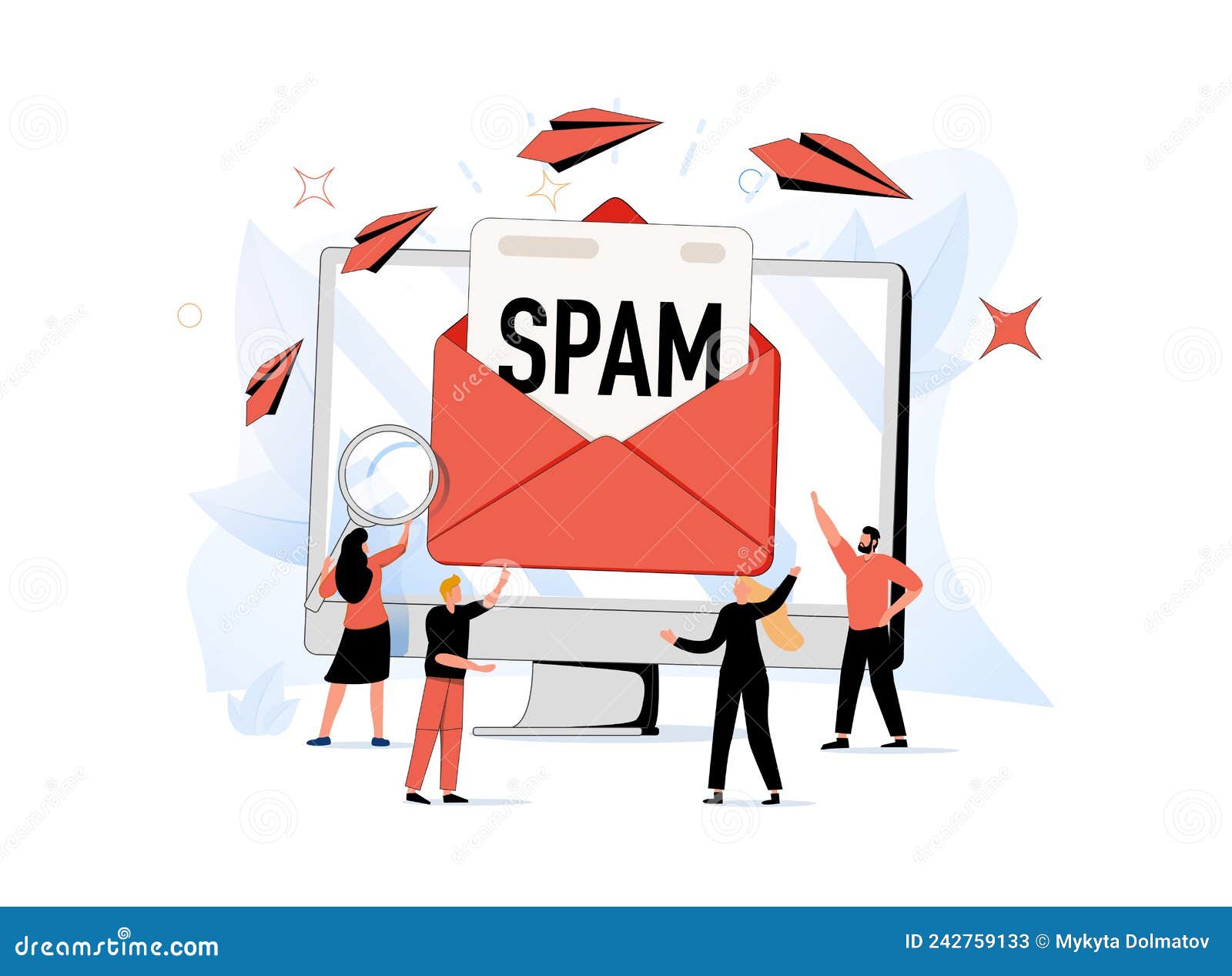 Tiny Office Workers and Envelope with Spam on Computer Screen. Letter ...