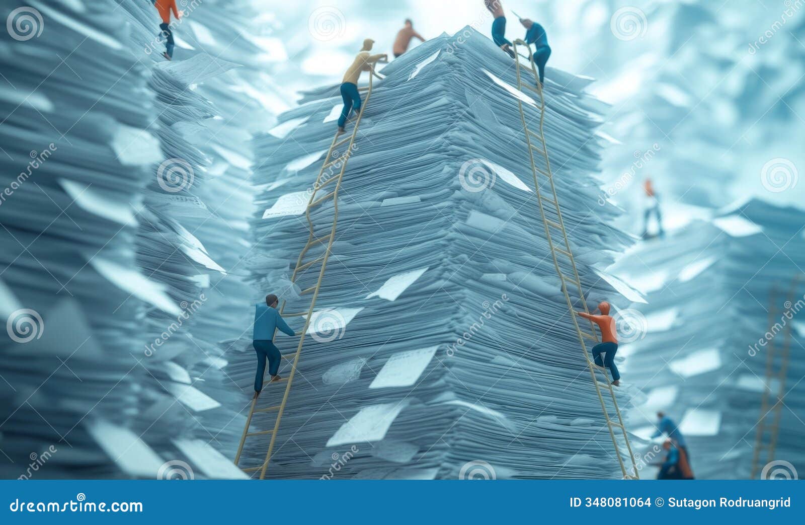 Tiny People Climbing a Huge Stack of Paperwork, with Ropes and Ladders ...