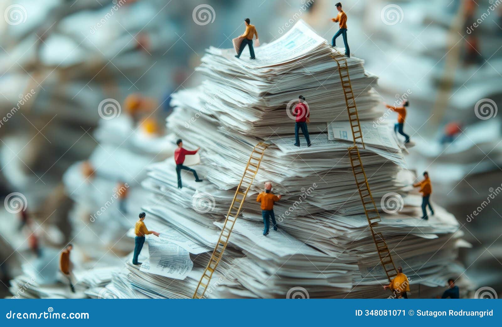 Tiny People Climbing a Huge Stack of Paperwork, with Ropes and Ladders ...
