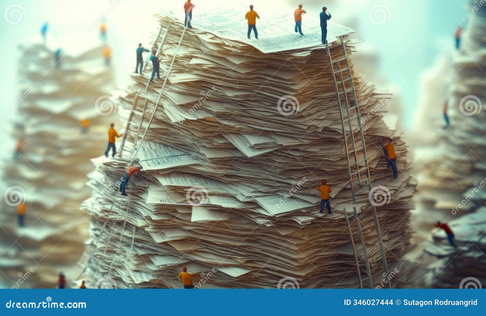 Tiny People Climbing a Huge Stack of Paperwork, with Ropes and Ladders ...