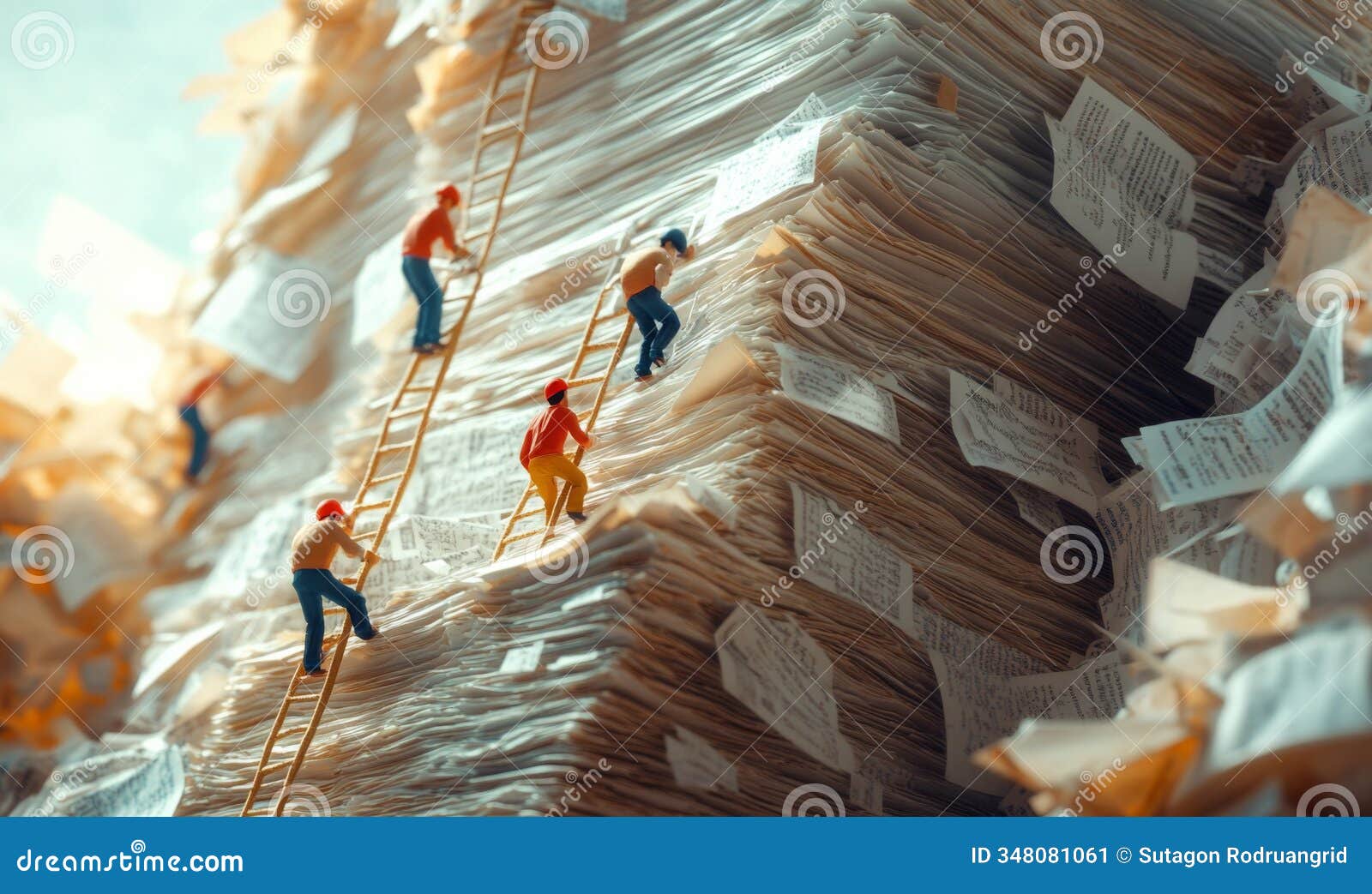 Tiny People Climbing a Huge Stack of Paperwork, with Ropes and Ladders ...