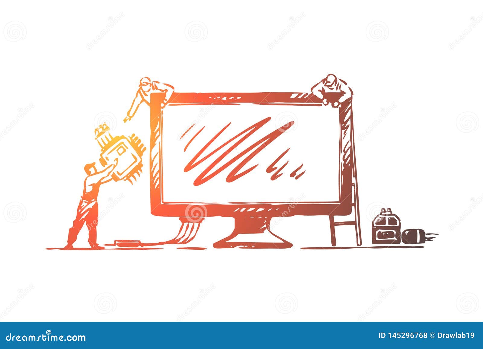 Tiny People Fixing Computer Monitor, Technical Support, Chip ...