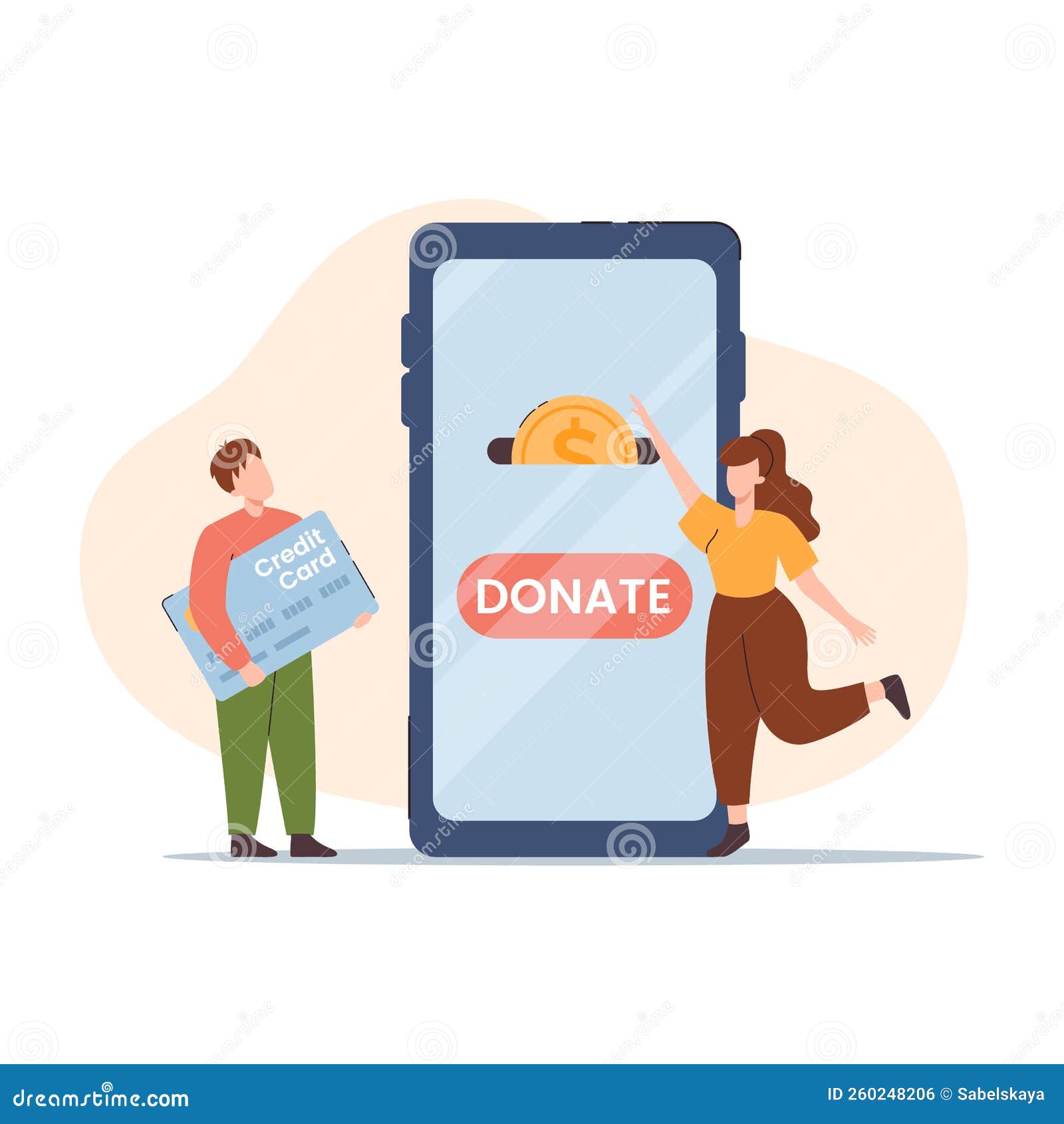 Tiny People and Huge Mobile Phone Screen with Donate Button Flat Style ...
