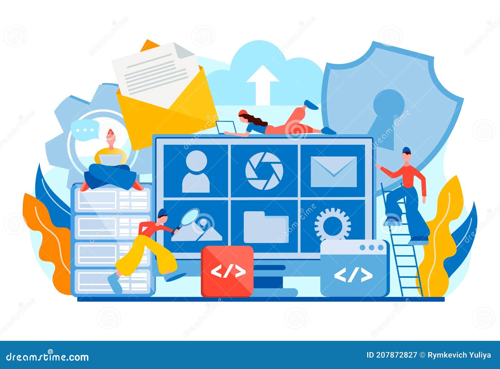 Tiny People Teamwork Database Security Stock Vector - Illustration of ...