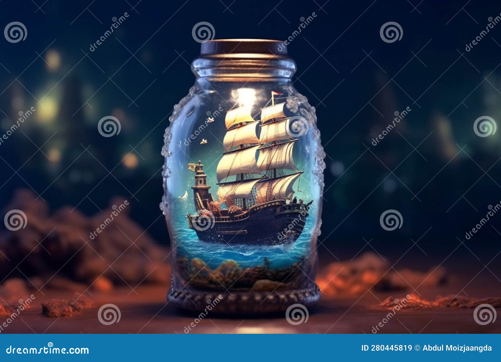 A Tiny Pirate Ship Navigating The Enchanting Ocean In A Bottle Royalty ...