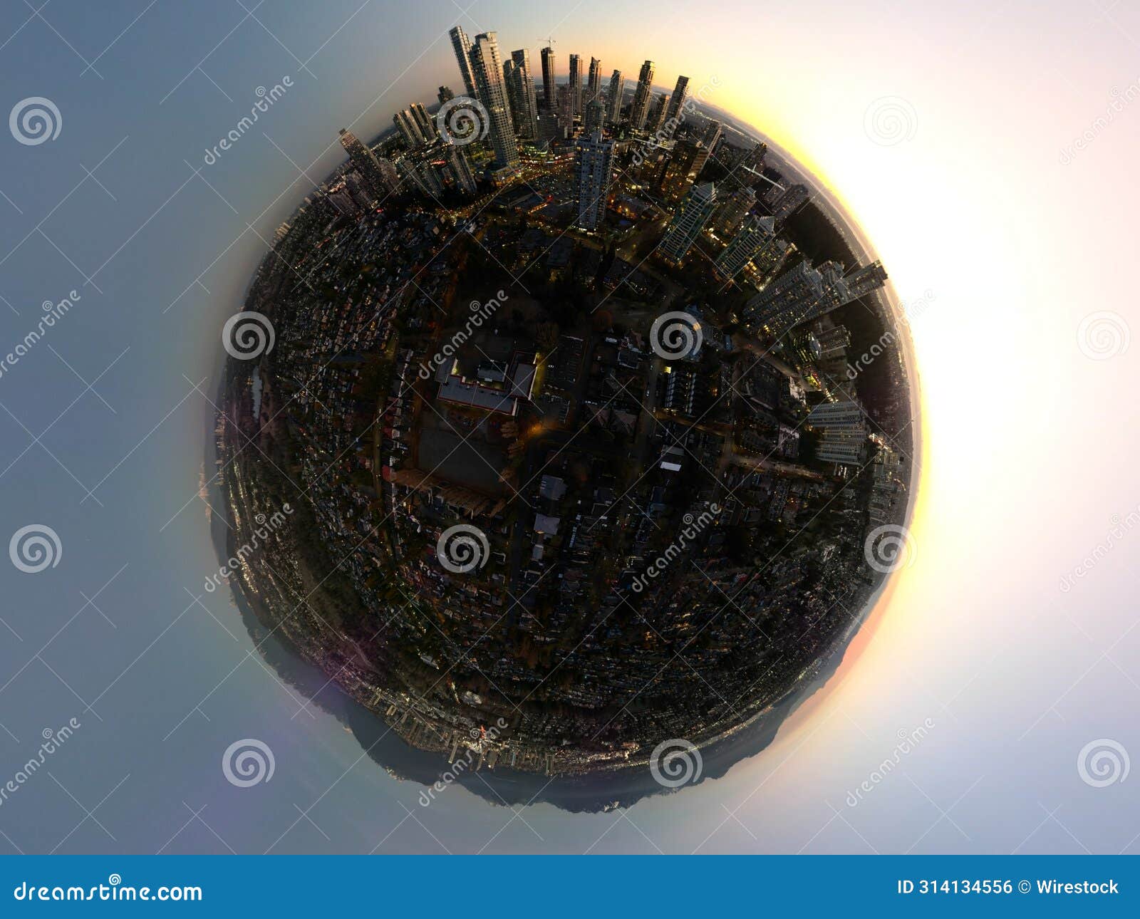 On Tiny Planet with Buildings, Surreal Urban Concept Stock Photo ...