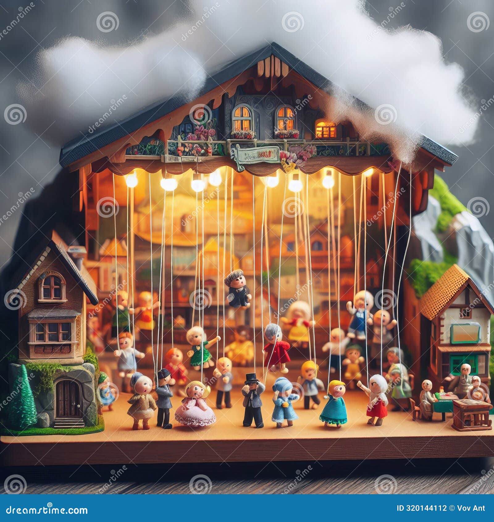 A Tiny Puppet Theatre with Tiny Puppets on Strings Stock Illustration ...