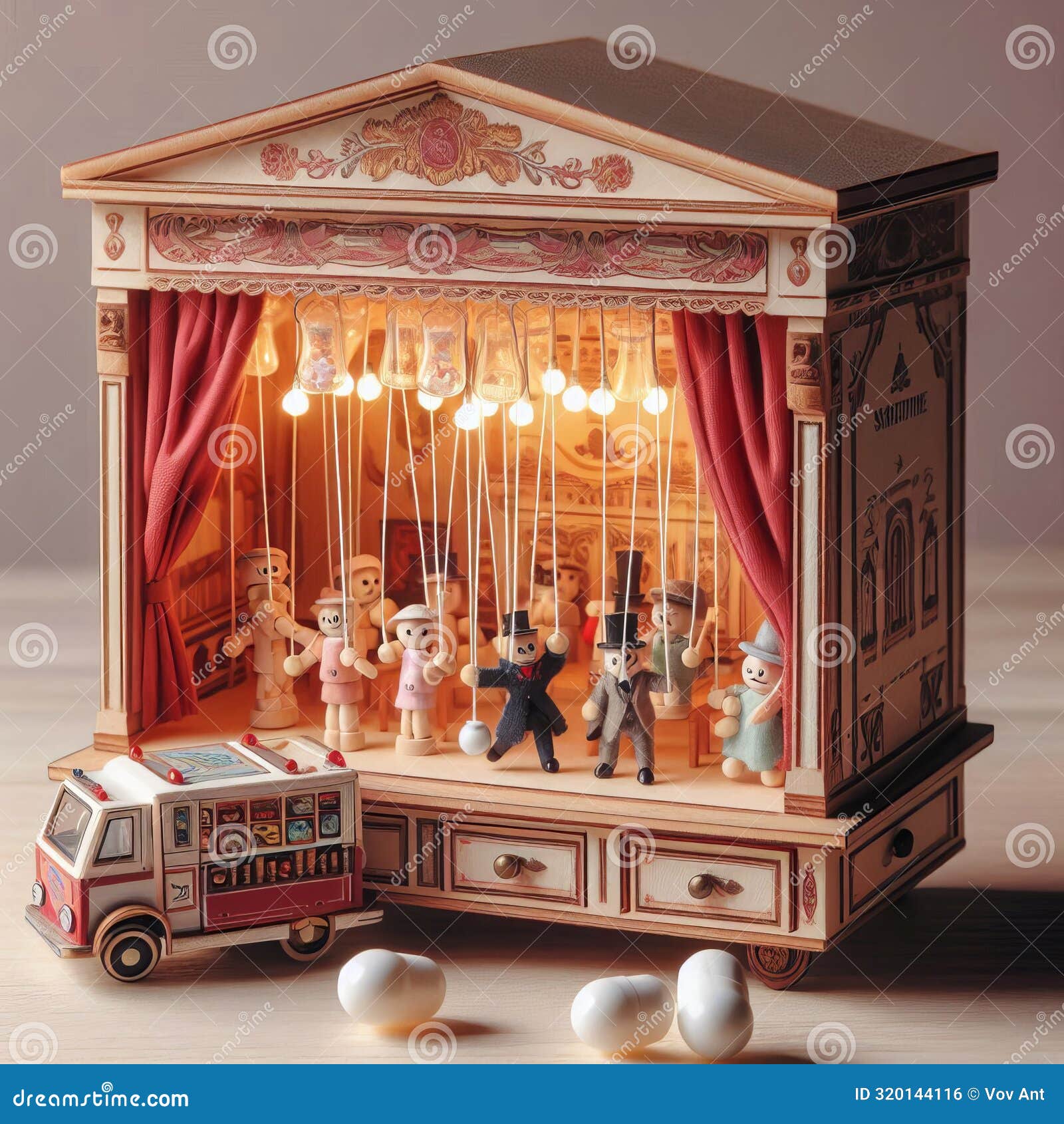 A Tiny Puppet Theatre with Tiny Puppets on Strings Stock Illustration ...
