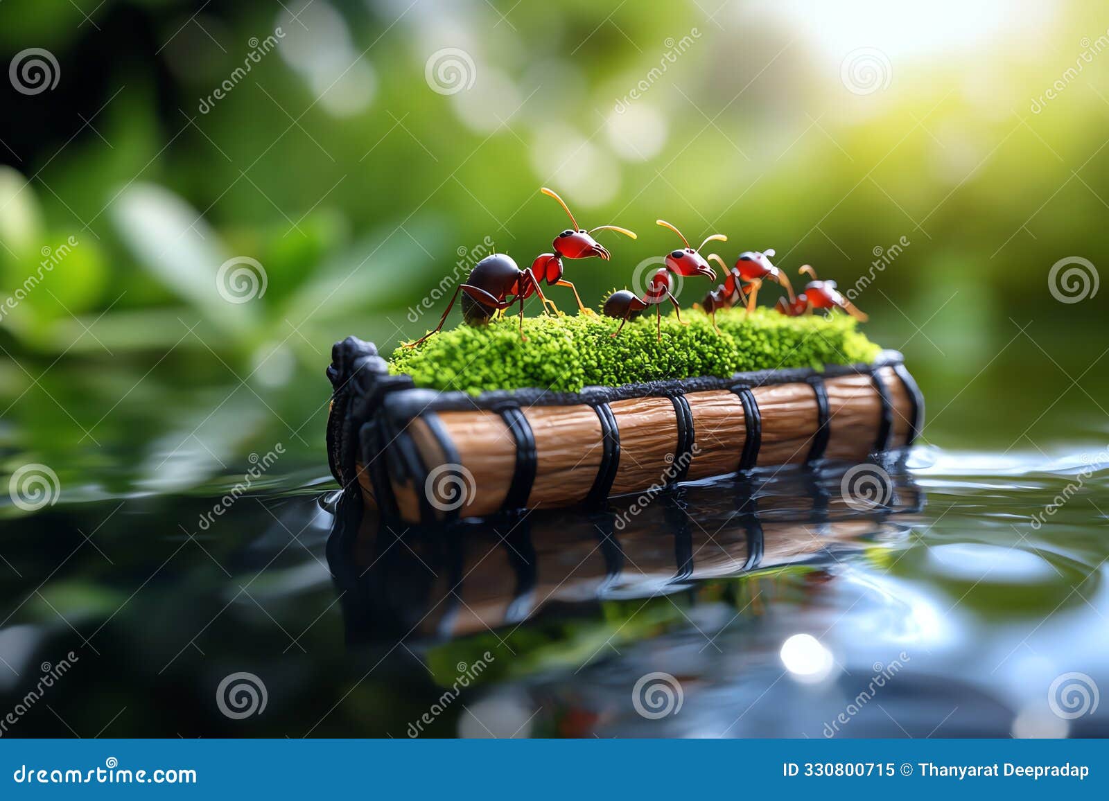 A Tiny Raft with Ants and Green Grass Floating on Water, Highlighting ...