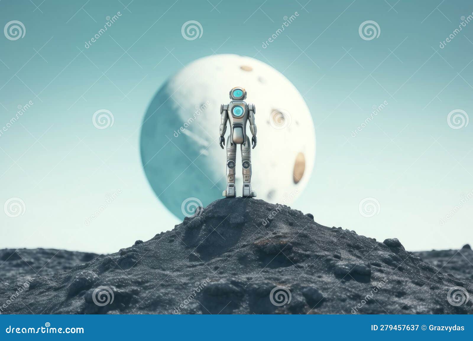 Tiny Robot Android Standing on the Moon Surface and Watching Another ...