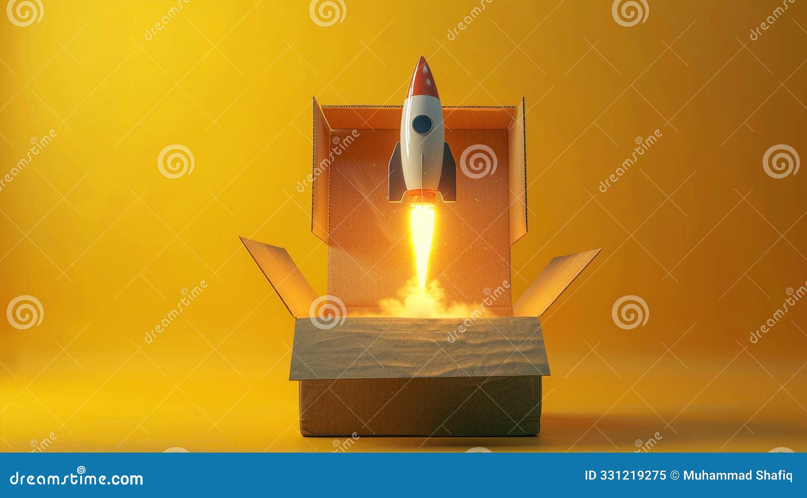 Tiny Rocket Launching from an Open Cardboard Box, Against a Yellow ...