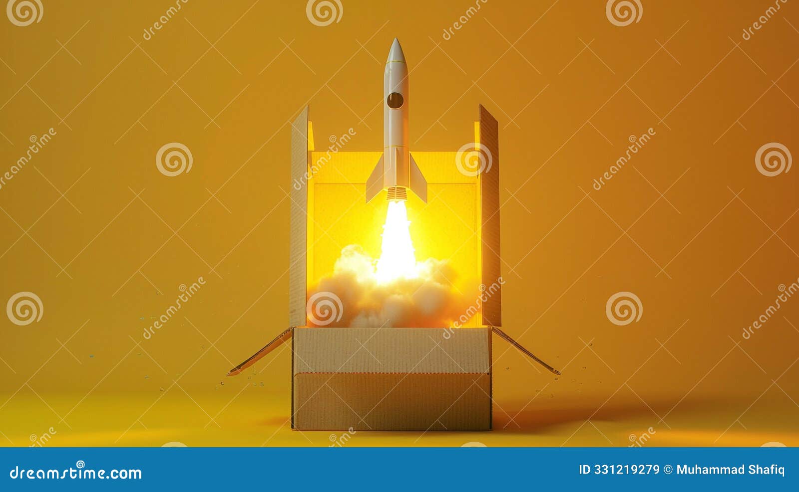 Tiny Rocket Launching from an Open Cardboard Box, Against a Yellow ...