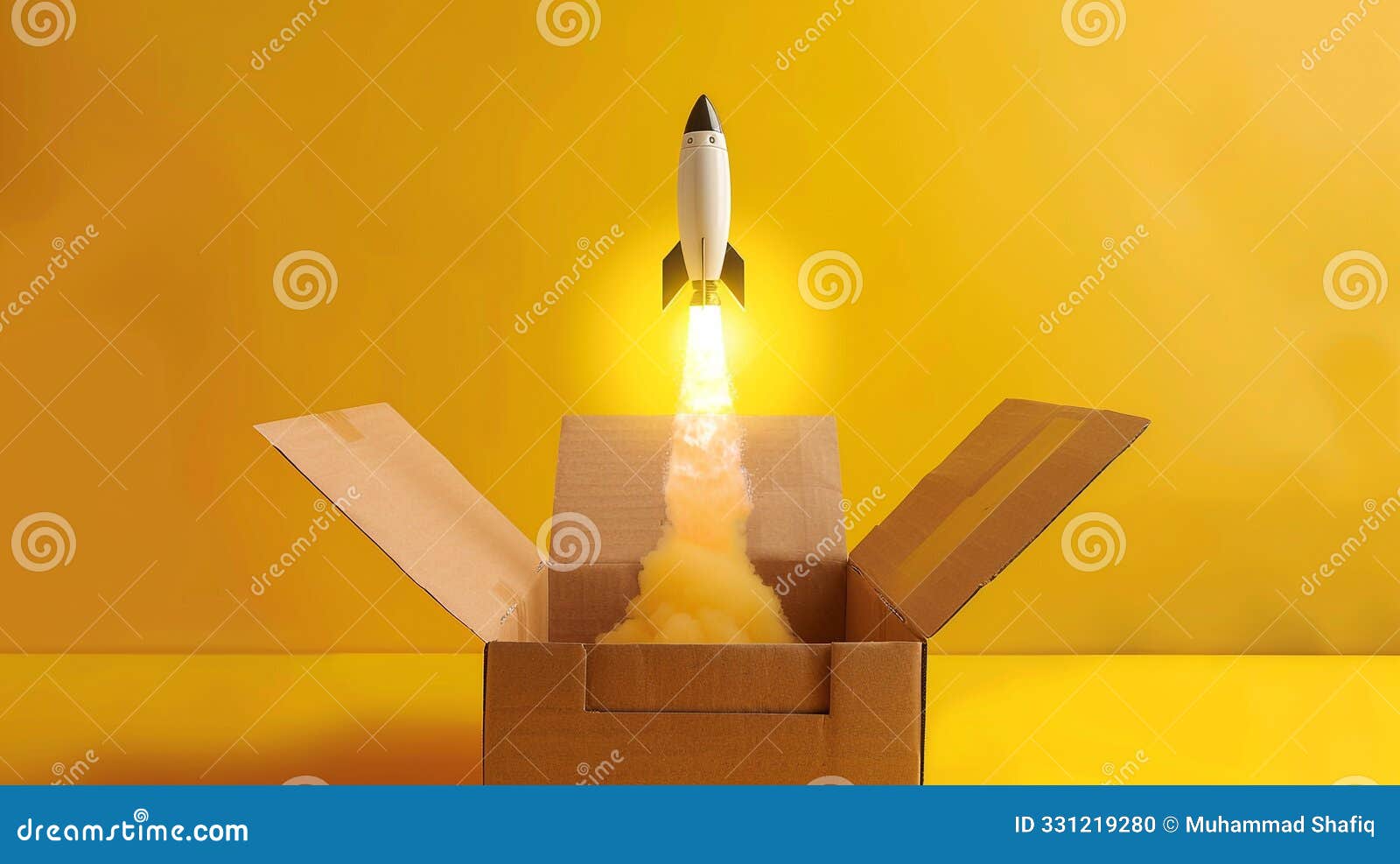 Tiny Rocket Taking Off From An Open Cardboard Box, Yellow Backdrop ...
