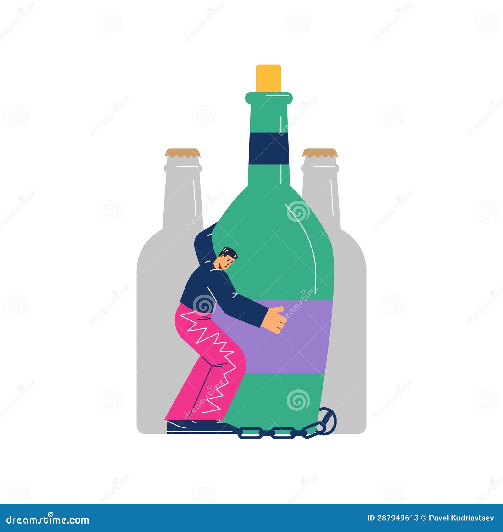 Tiny Sad Man Chained To Huge Bottle Flat Style, Vector Illustration ...