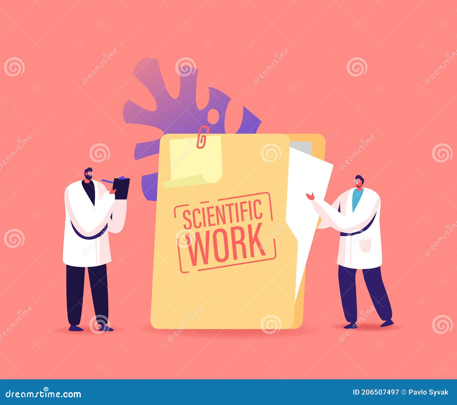 Tiny Scientists Character Stand at Huge Scientific Work Folder Writing ...