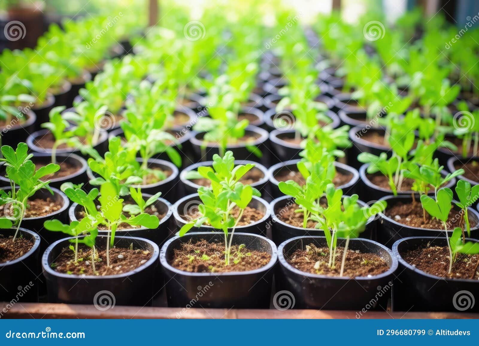 Tiny Seedlings Emerge Near A Trowel And Rake In Dark Soil , Flower ...