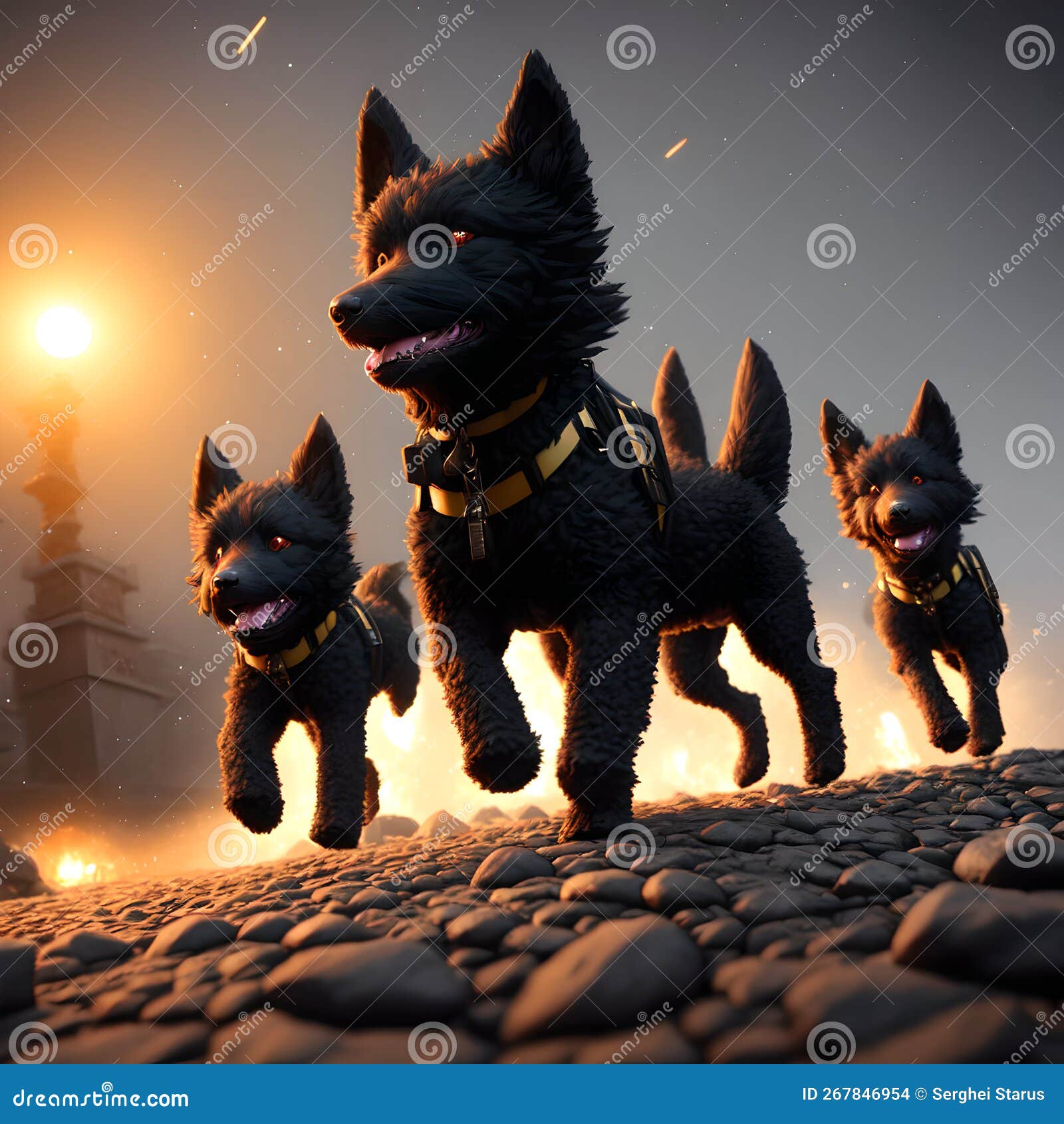 A Tiny Set of Chic Black Security Dogs in Combat on the Ruins of the ...