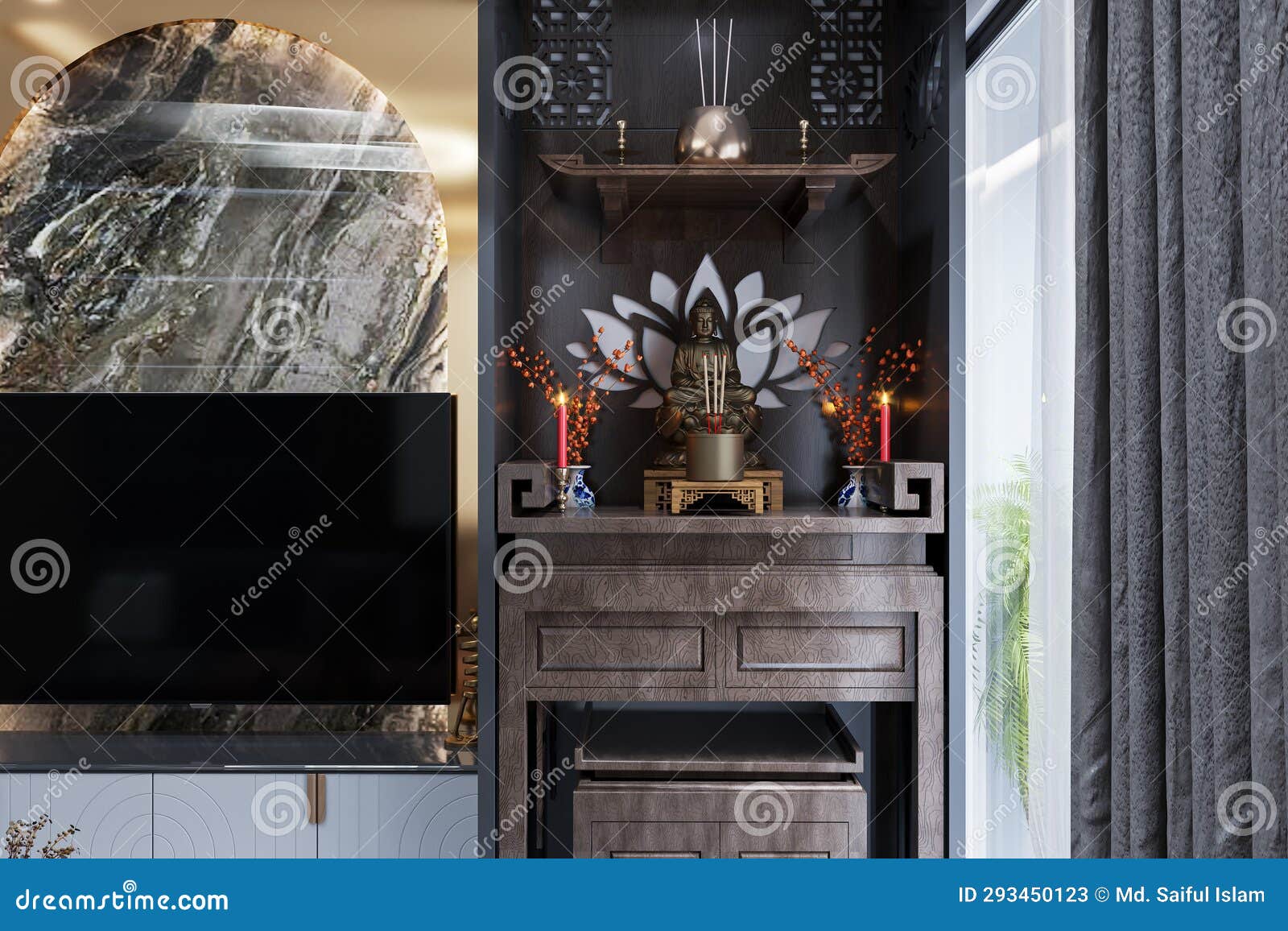 A Tiny Temple Placement beside TV Place, 3D Rendering Stock Illustration - Illustration of ...