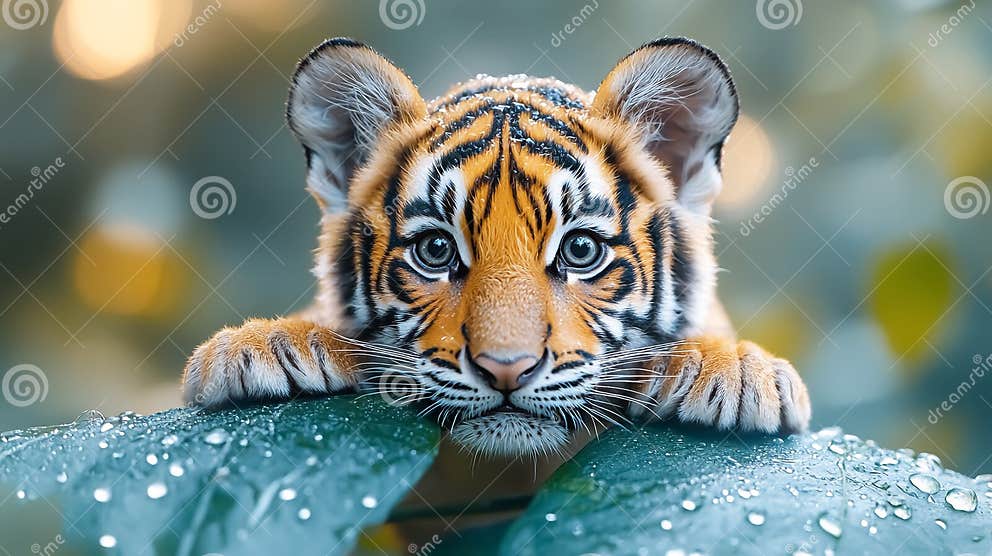 Tiny Tiger Perched on Top of a Giant Leaf in Blurred Background Stock ...