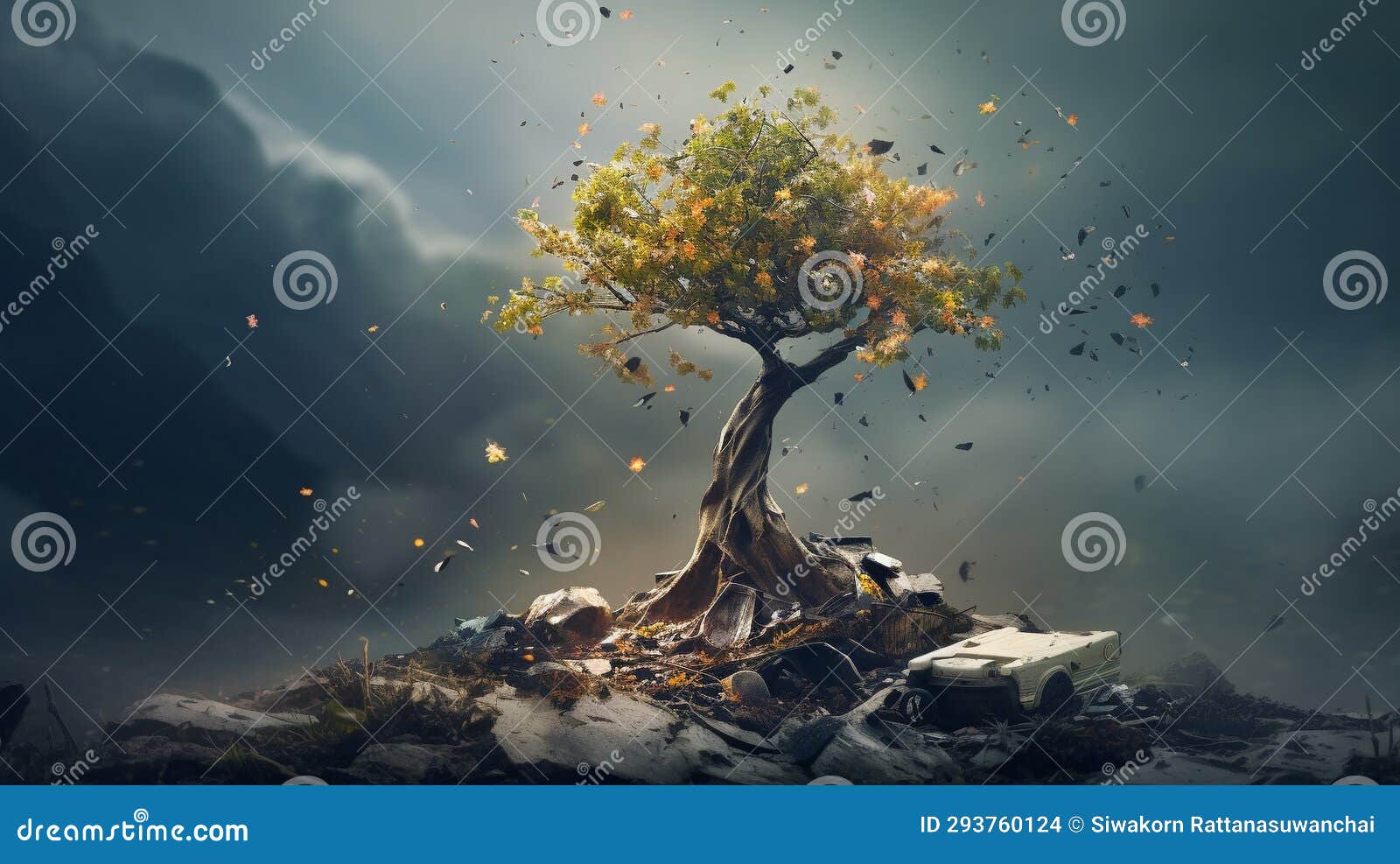 A Tiny Tree Struggling To Thrive in an Environment Full of Trash. Stock ...