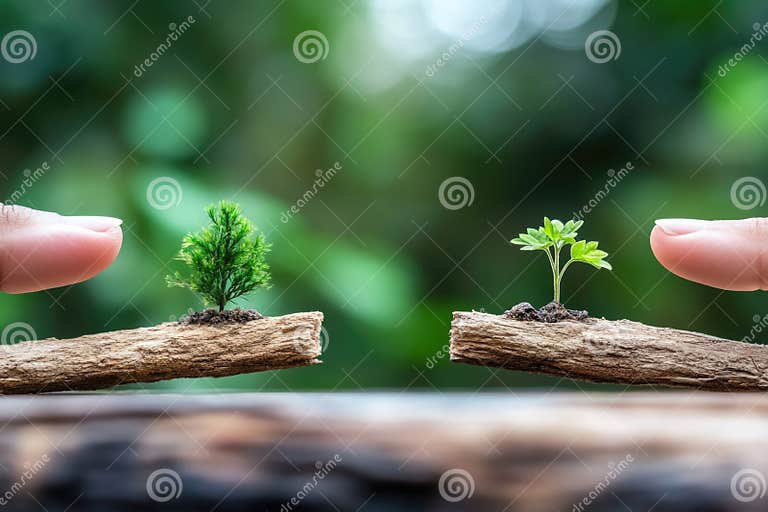 Tiny Trees Growing on Split Branches Held by Fingers in a Forest ...