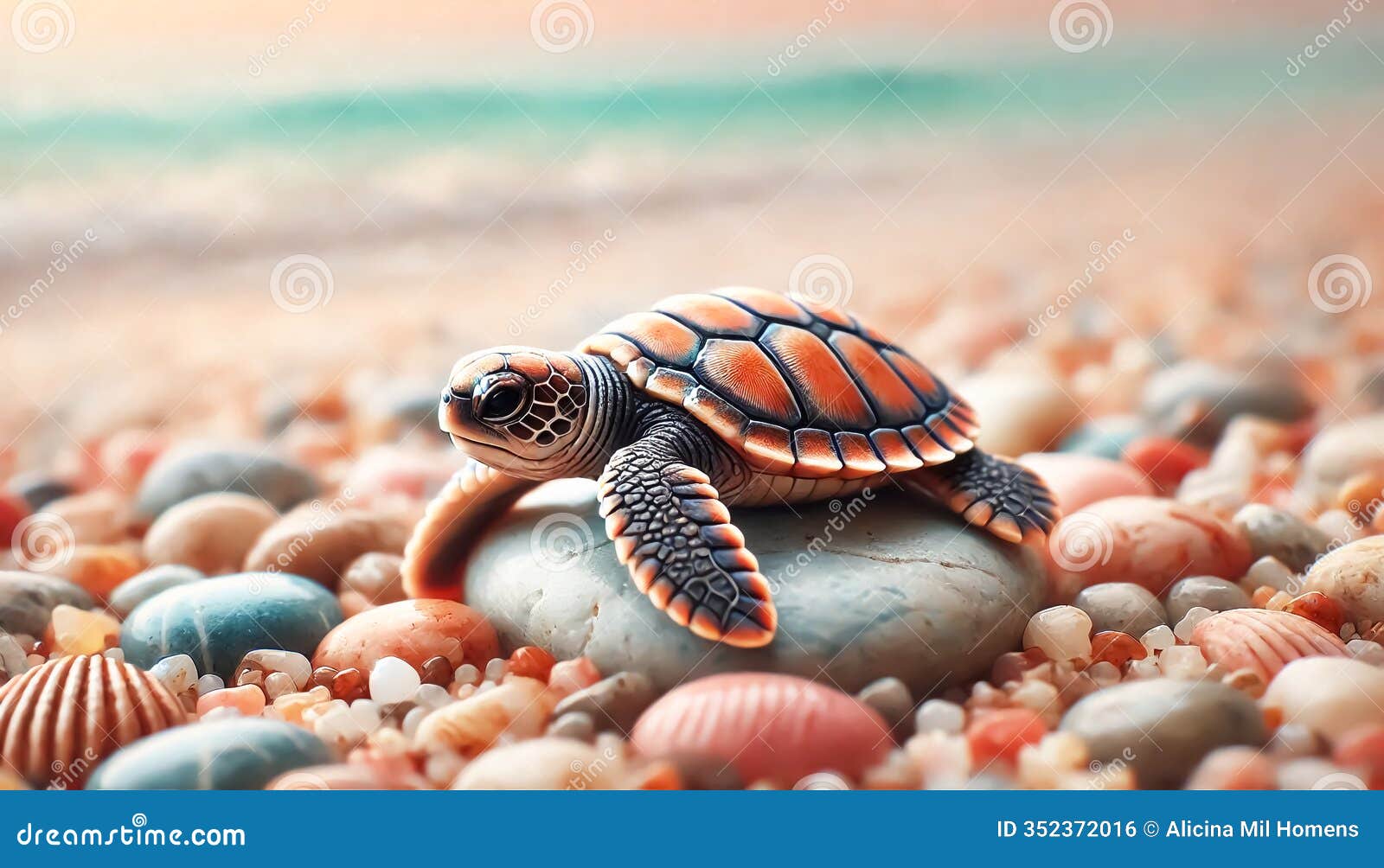 Tiny Turtle Sitting on a Pebble at the Beach Illustration Stock ...
