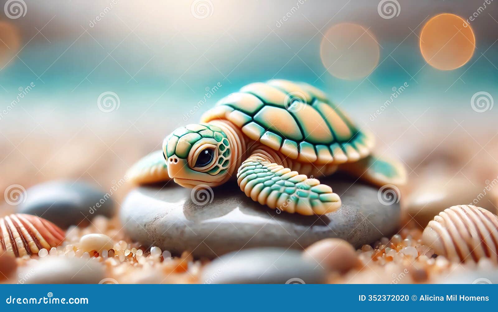 Tiny Turtle Sitting on a Pebble at the Beach Illustration Stock ...