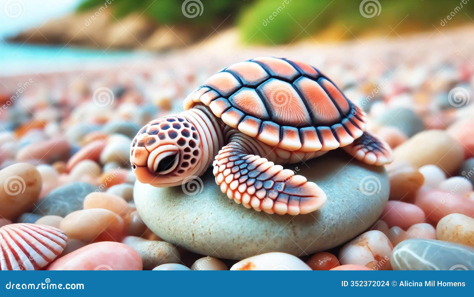 Tiny Turtle Sitting on a Pebble at the Beach Illustration Stock ...