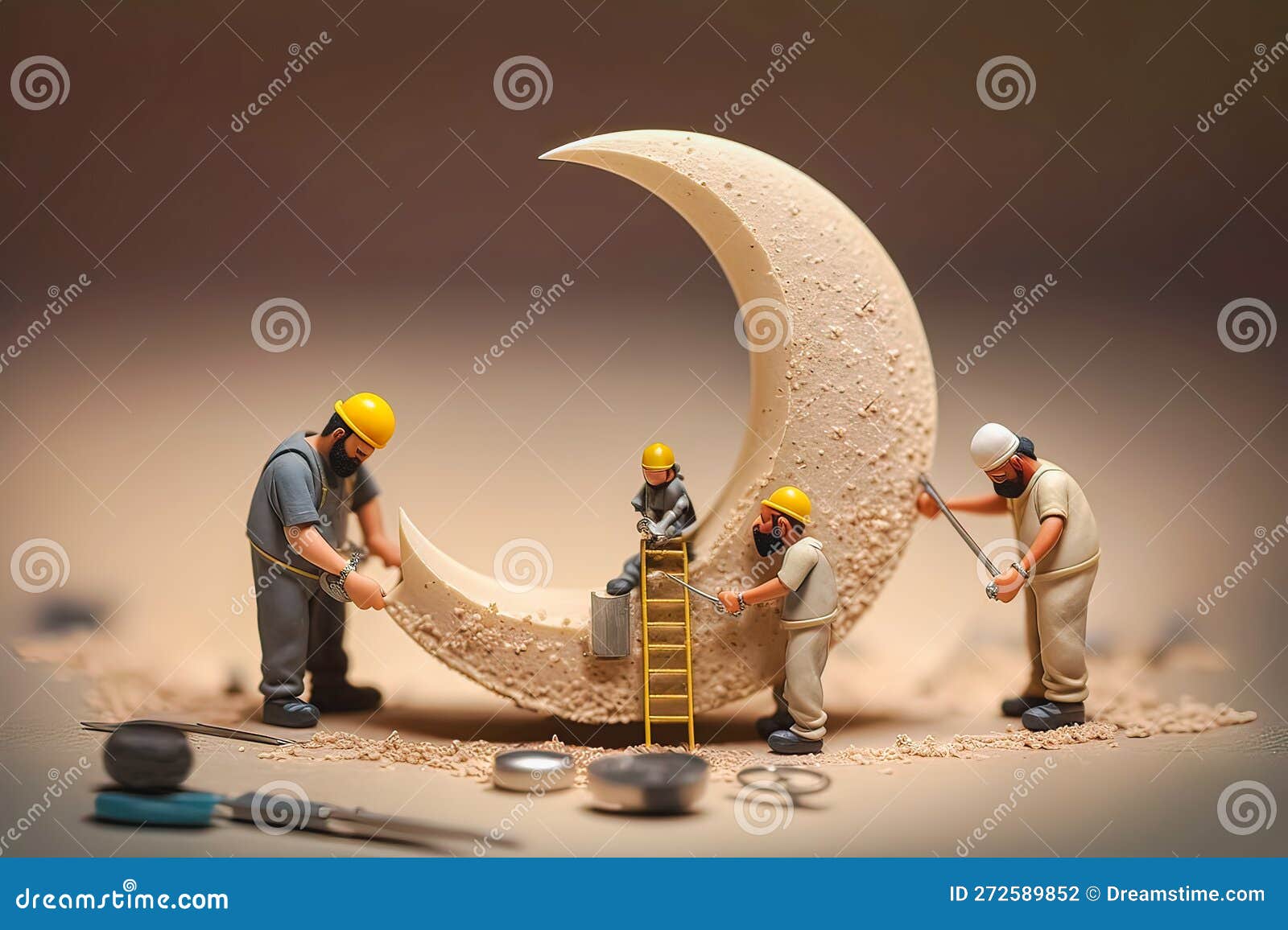 Tiny Workers Building a Crescent Moon on Ramadan, Generative Ai ...