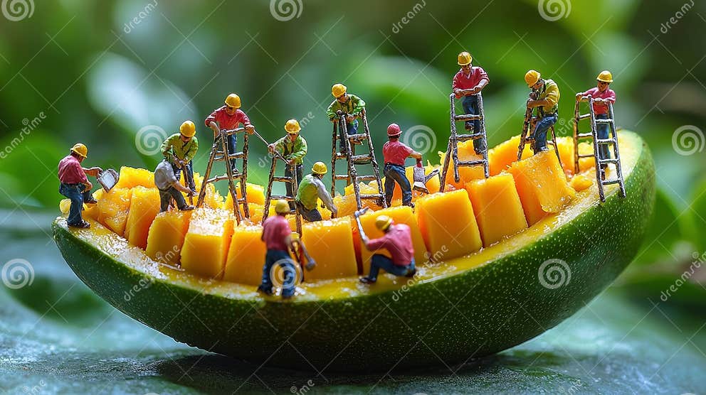 Miniature Figures Working on a Giant Mango Stock Illustration ...