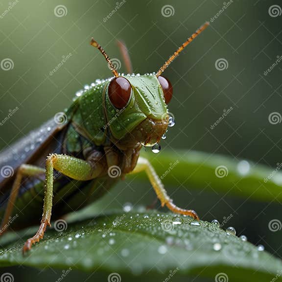 The Tiny World Of Grasshopper Macro And Micro Photography With Dew Stock Image Image Of Leaf
