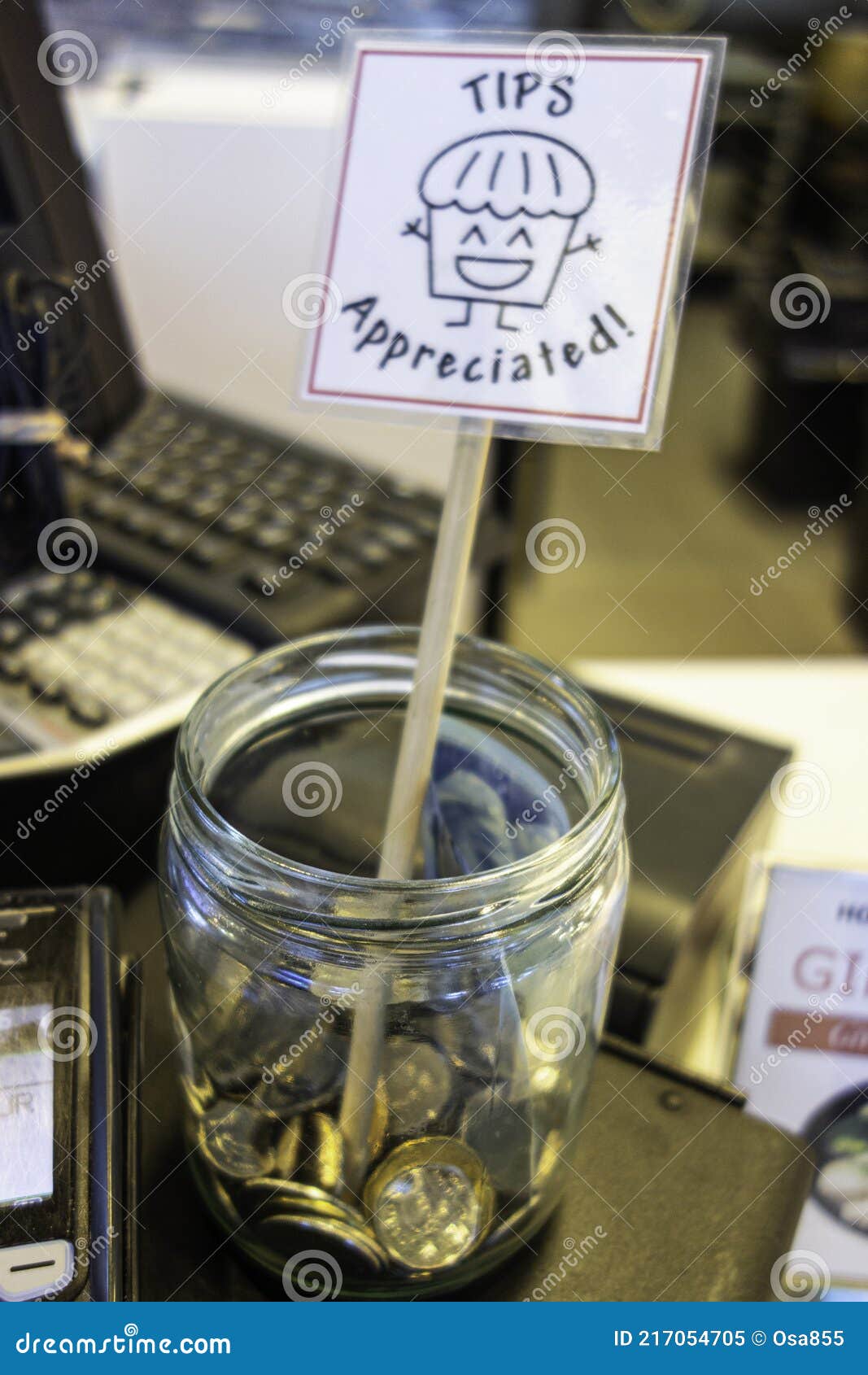 Tip Jar with Coins on Restaurant Counter Stock Image - Image of thanks ...