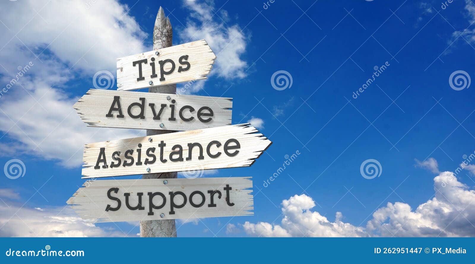 Tips, Advice, Assistance, Support - Wooden Signpost with Four Arrows ...