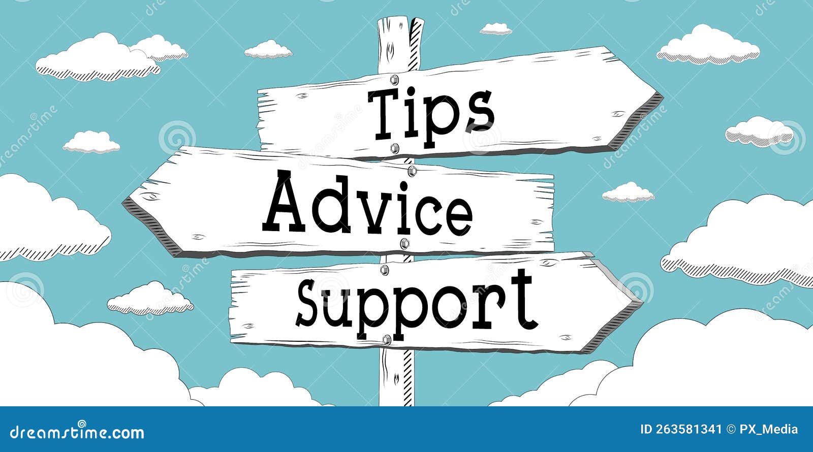 Tips, Advice, Support - Outline Signpost with Three Arrows Stock ...