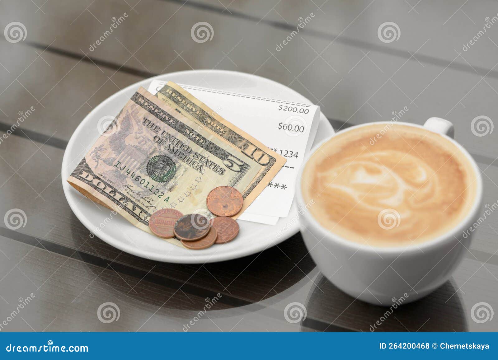 Tips, Receipt and Cup with Coffee on Wooden Table Stock Photo - Image ...